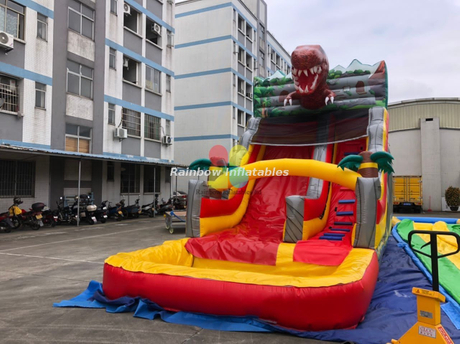 Grey Wave pattern inflatable dinosaur water slide with small pool for ...