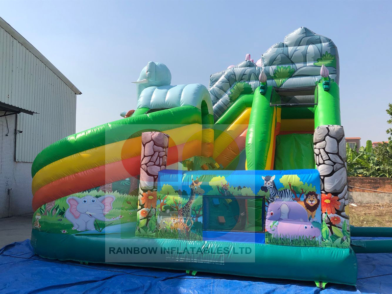 Rainbow Inflatable Jungle Theme Slide Obstacle Inflatable 3D Elephant ...